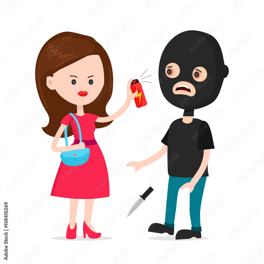 Woman protected herself from robber. Self defense spray concept. Vector ...