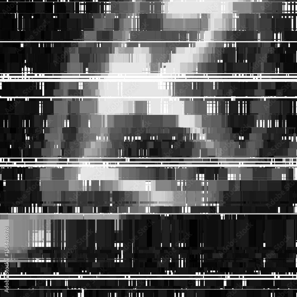 Glitch abstract background with distortion effect, bug, error, random horizontal black and white ...
