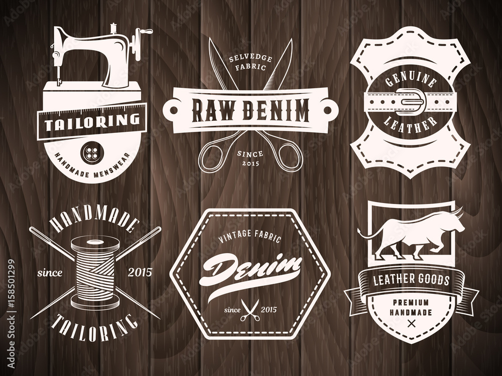 Tailoring denim labels. Set of vintage logos for tailoring, leather and ...