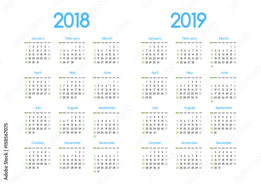 New year 2018 and 2019 vector calendar modern simple design with round ...
