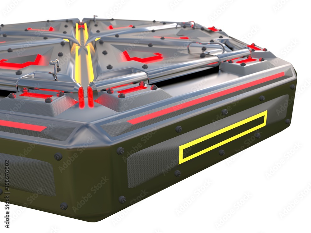 Complex glowing container object from the future. Many parts in complicated interactions ...