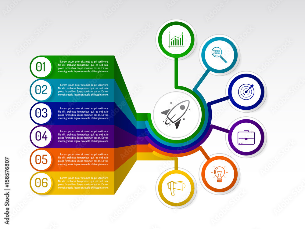 Infographic circle with icons and text blocks. Radial diagram with 6 ...