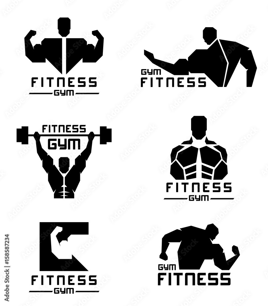 Black Fitness gym logo with Men have strong muscles vector set design ...