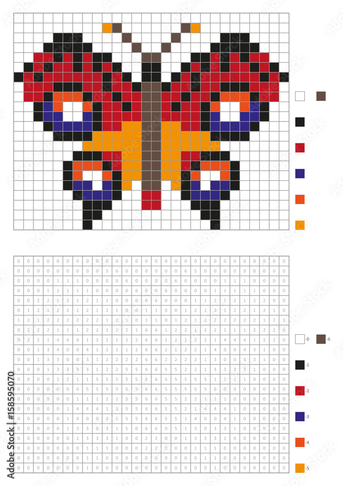 Kids coloring page, pixel coloring with numbered squares. Red butterfly ...