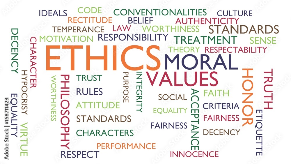 Ethics, moral, values word tag cloud. 3D rendering, white variant ...