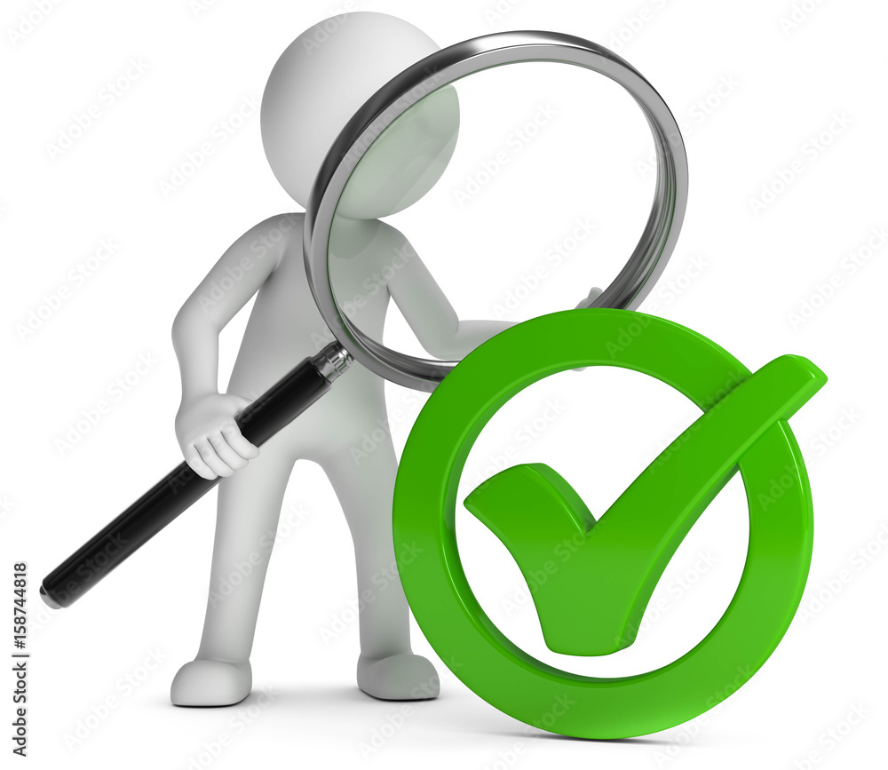 weisses 3d Männchen Lupe und grüner Haken Stock Illustration | Adobe Stock