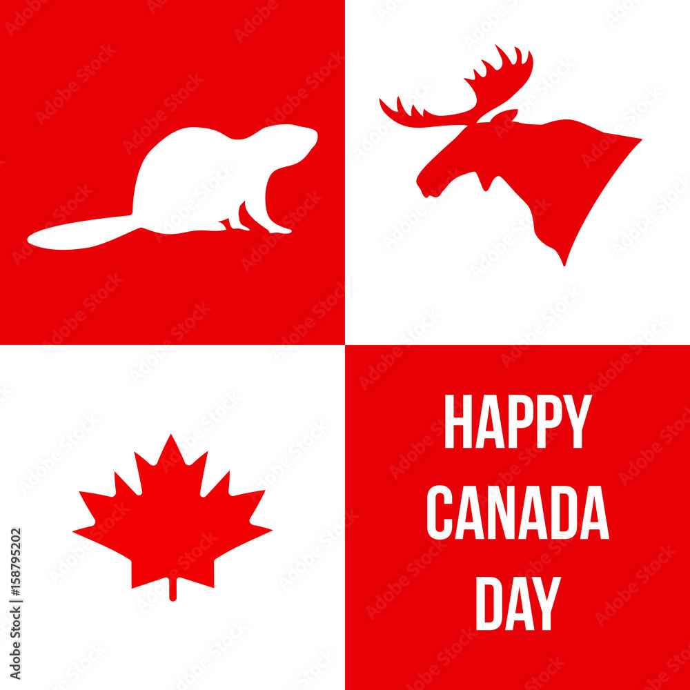 Happy Canada Day. Silhouettes of Canadian symbols: moose, beaver, maple ...