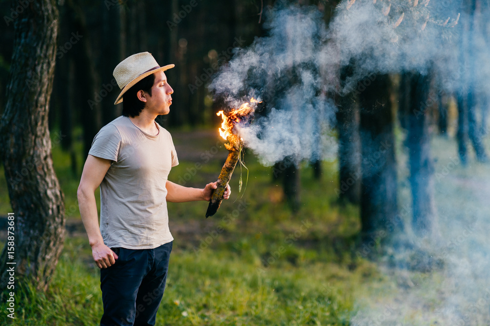 Native american indian peruvian indigenous man in straw hat invoking ...