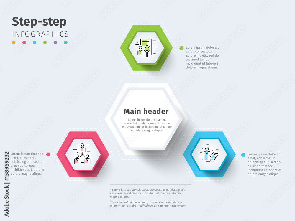 Business 3 step process chart infographics with step circles. Bright ...