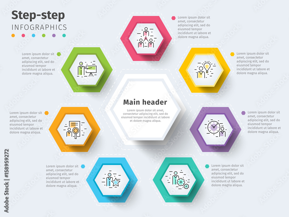 Business 7 step process chart infographics with step circles. Bright ... Business 7 step process chart infographics with step circles. Bright ...