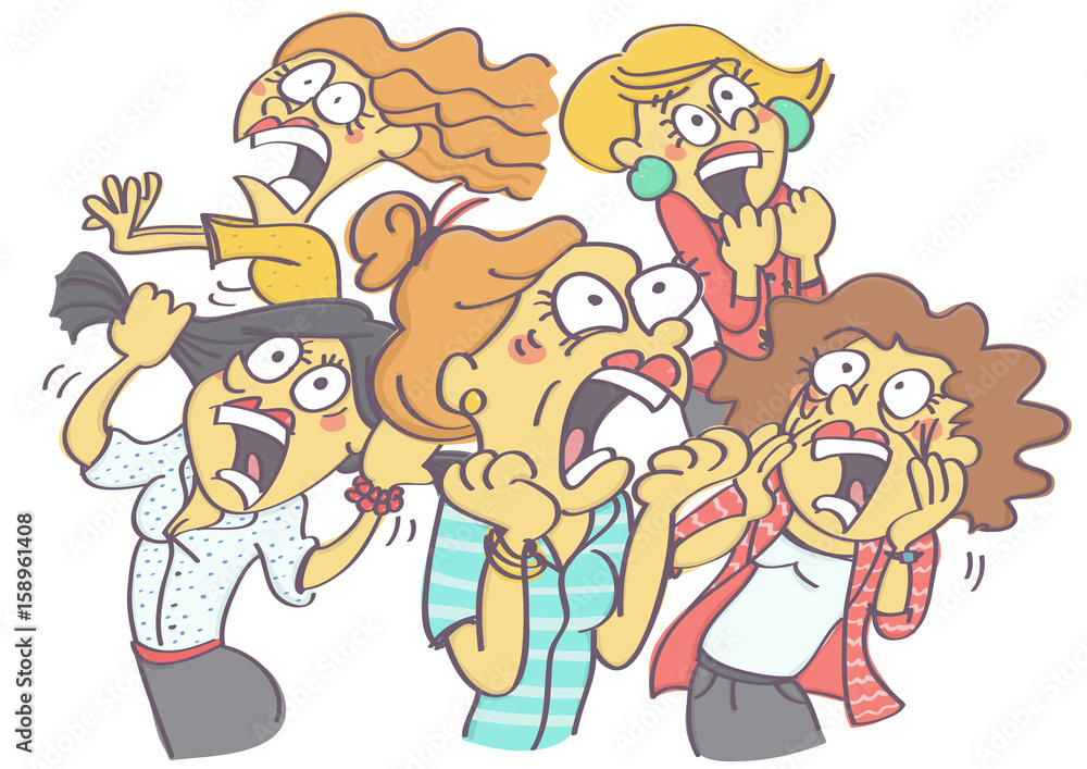 Funny vector cartoon with group of women in panic and horror Stock ...