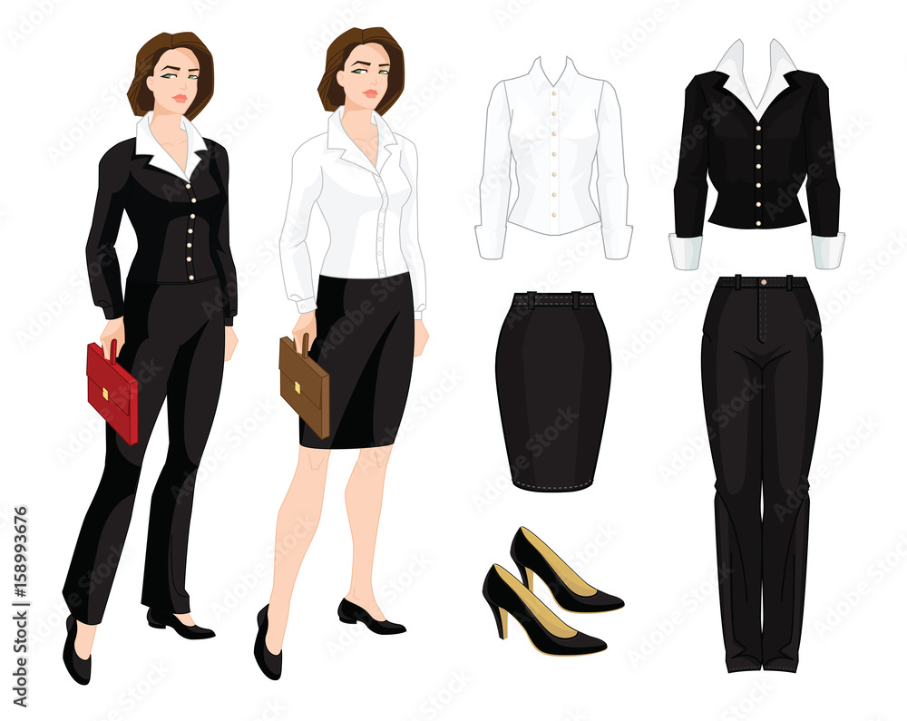 Vector illustration of corporate dress code. Business girl, teacher and ...