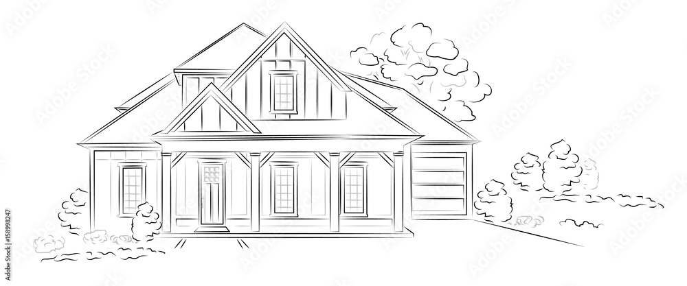 Vector Linear architectural sketch modern detached house Stock Vector ...