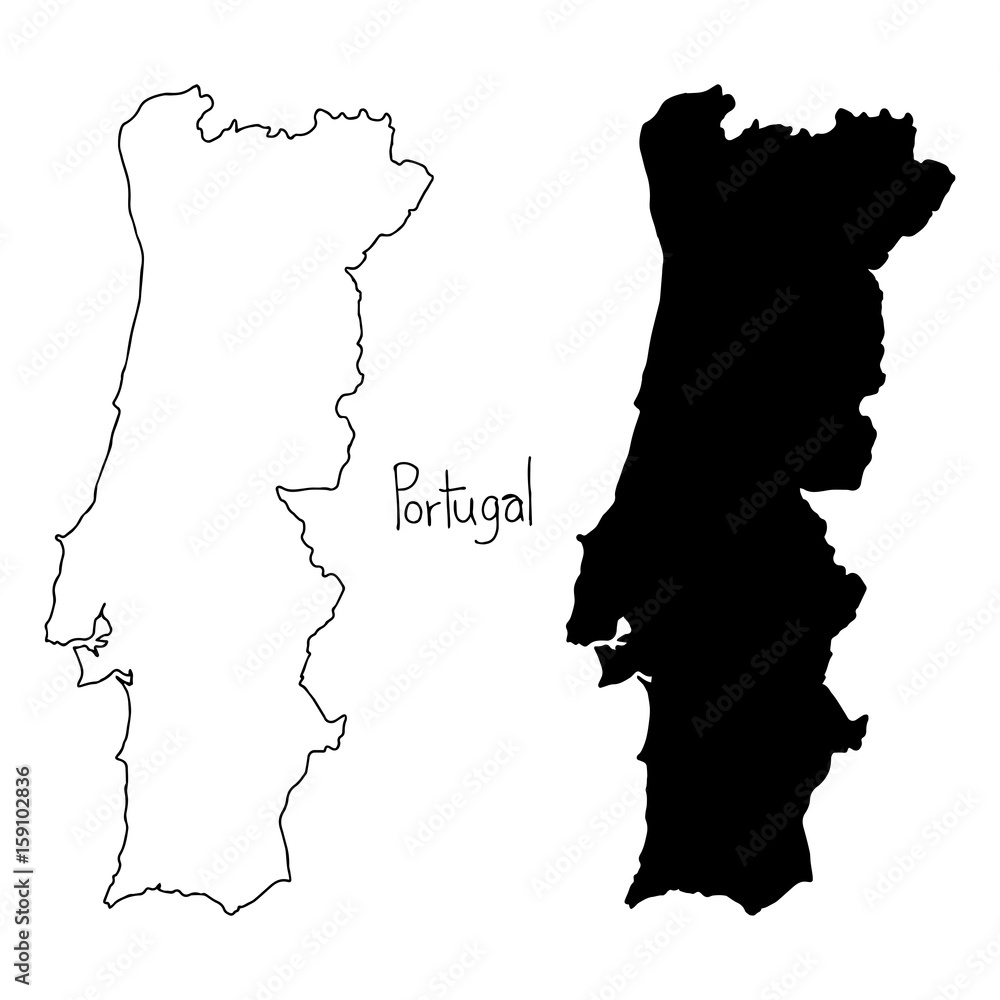 outline and silhouette map of portugal - vector illustration hand drawn ...
