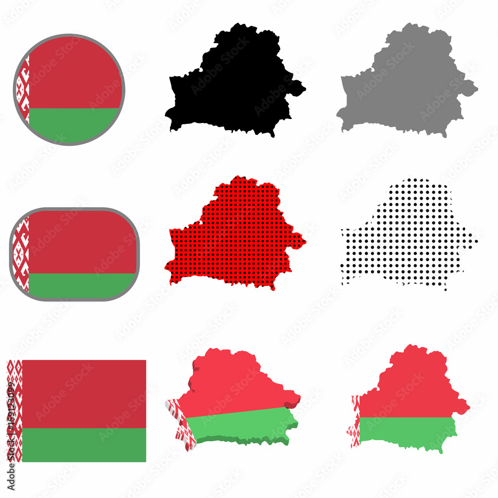 Belarus country vector set with flag, black silhouette and polka dots ...