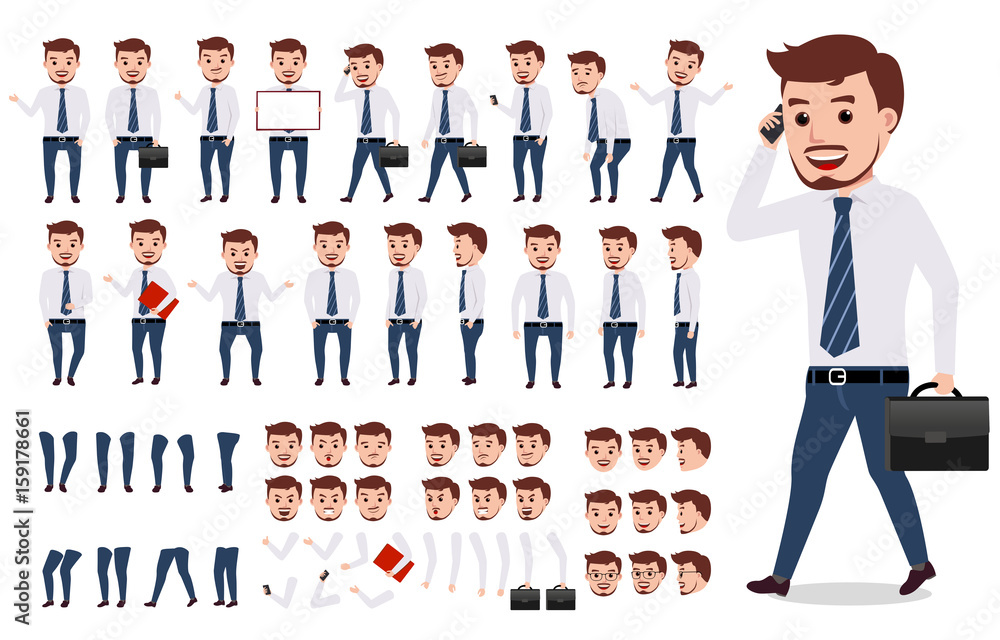 Business man character creation set. Male vector character walking and ...