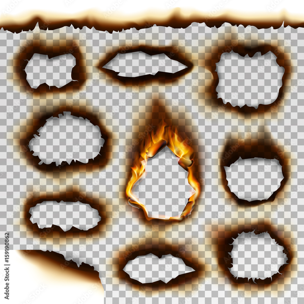 Collection of burnt faded holes piece burned paper realistic fire flame ...