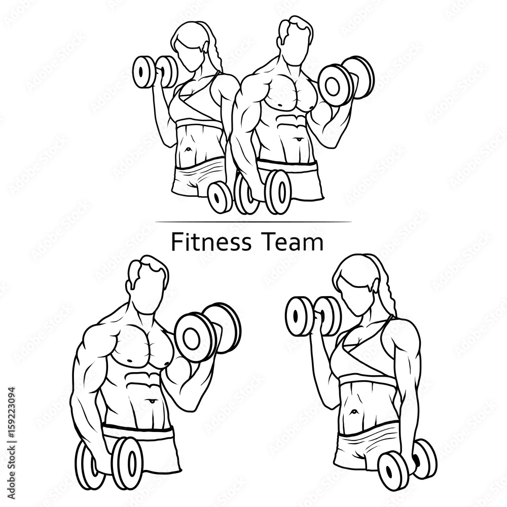 Vector image of set fitness team. Logo of a strong man and a slender ...