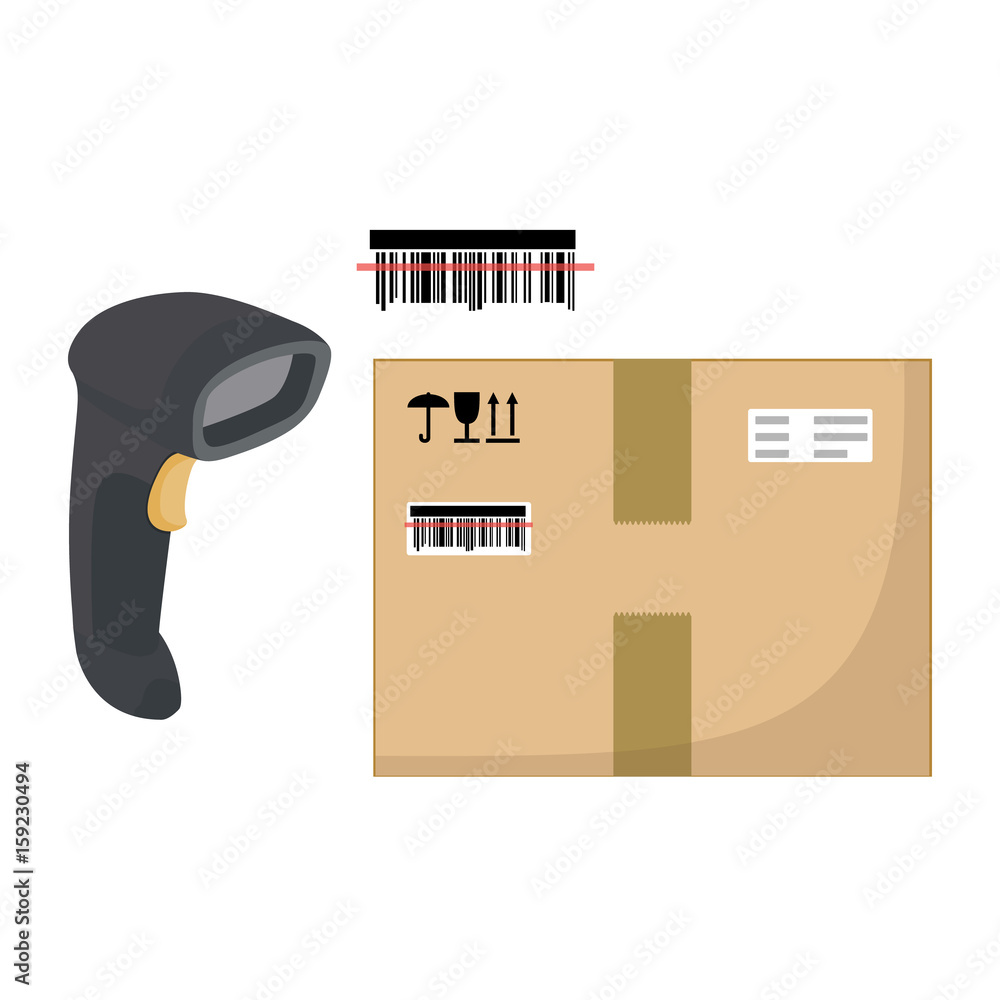 Cardboard box with fragile signs. Barcode scanner scanning barcode ...
