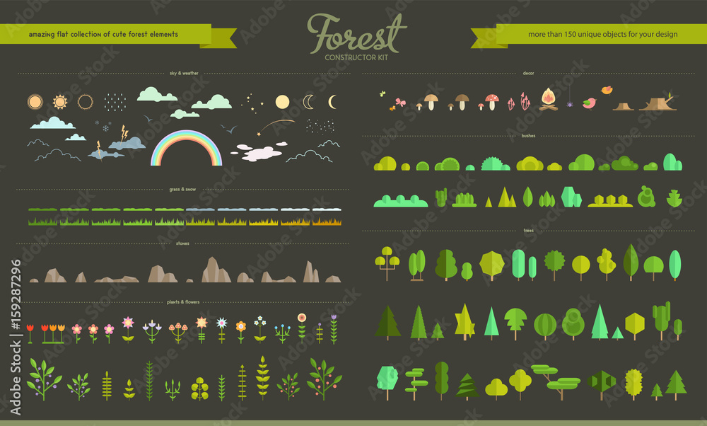 Set of flat vector forest elements Stock Vector | Adobe Stock