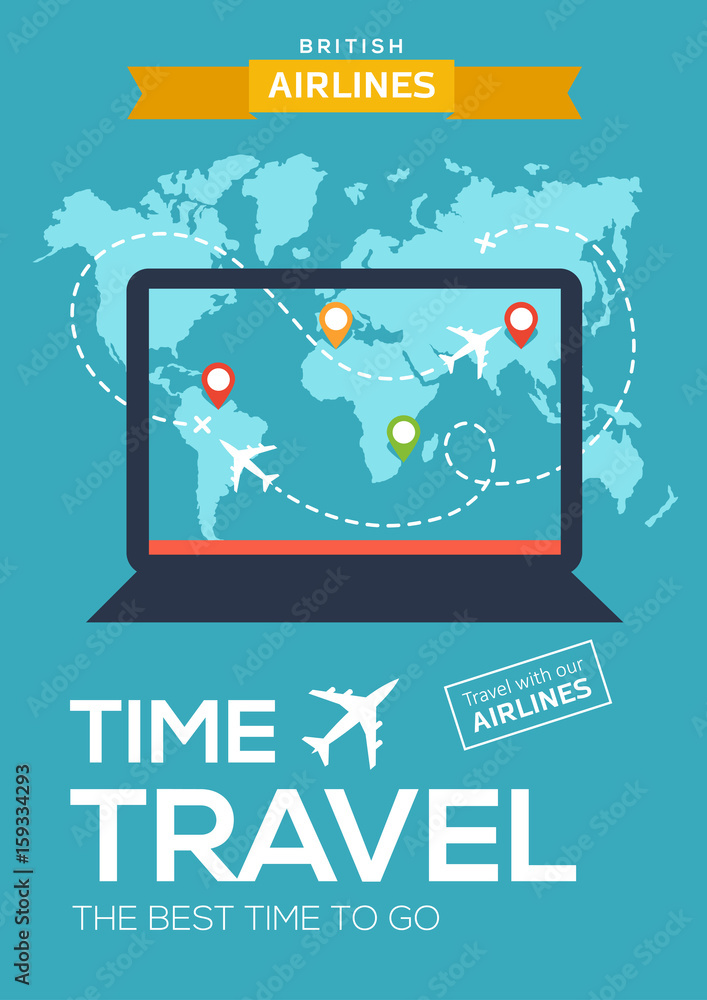 Advertising poster, banner of airline. Illustration with laptop, map of ...