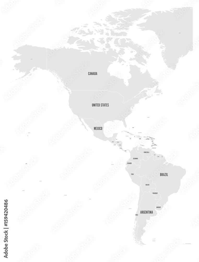 Political map of Americas in grey on white background. North and South ...
