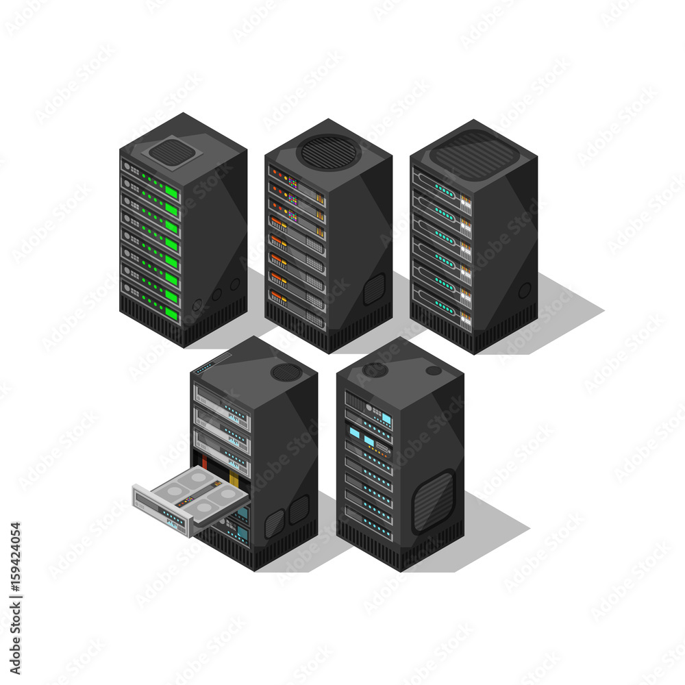 Hardware isometric equipment. 3d telecommunication server. Data center ...