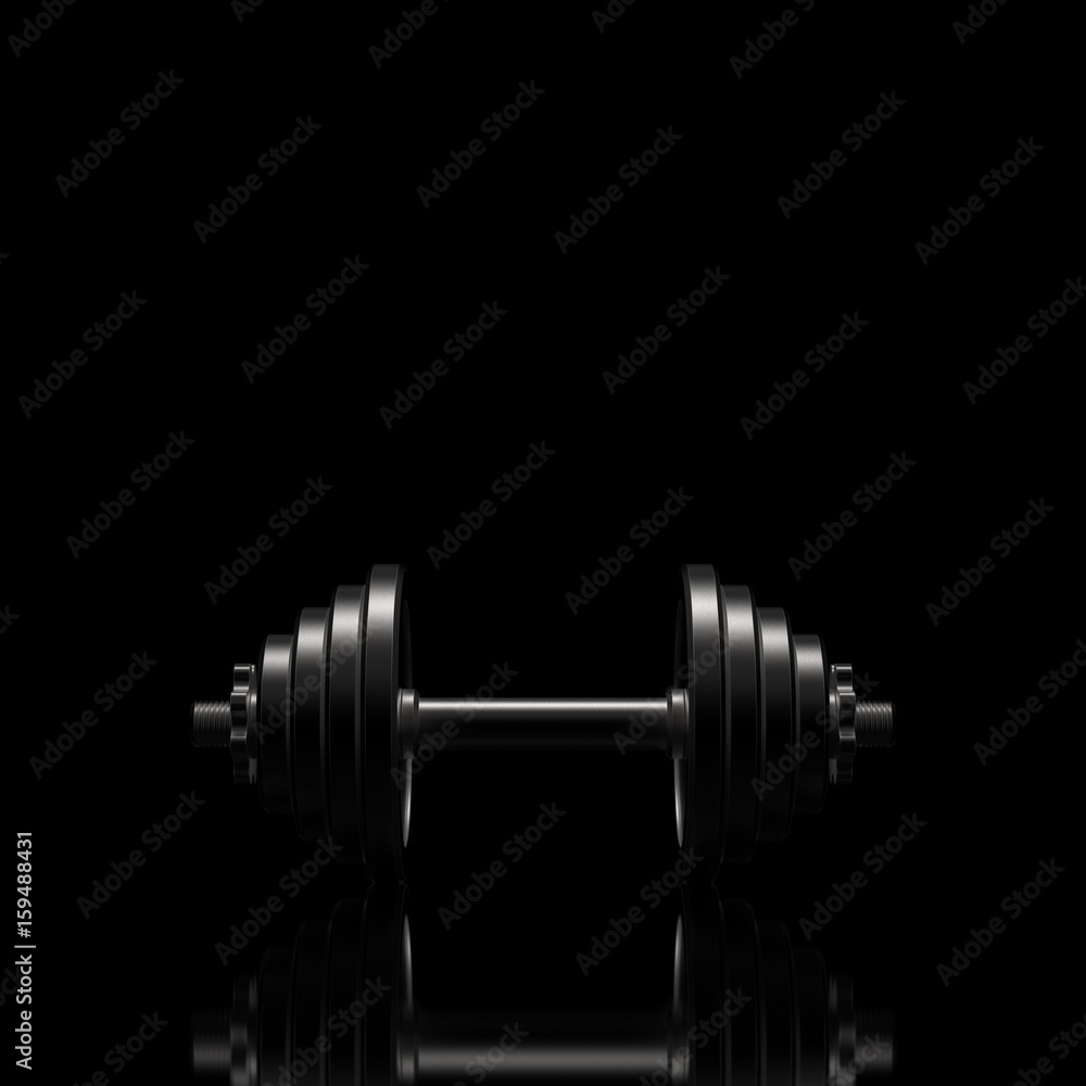 Dumbbell on a black reflective surface. Professional studio lighting ...