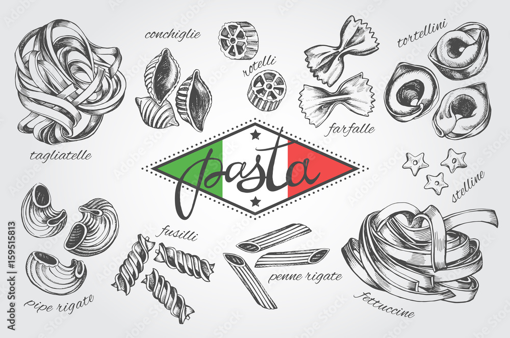 Different types of authentic Italian pasta. Hand drawn set. Vector ...