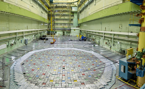 Nuclear power plant. Central hall of the nuclear reactor, reactor lid ...