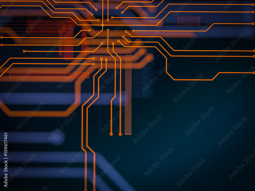 Circuit board futuristic server code processing. Orange, green, blue technology background with ...