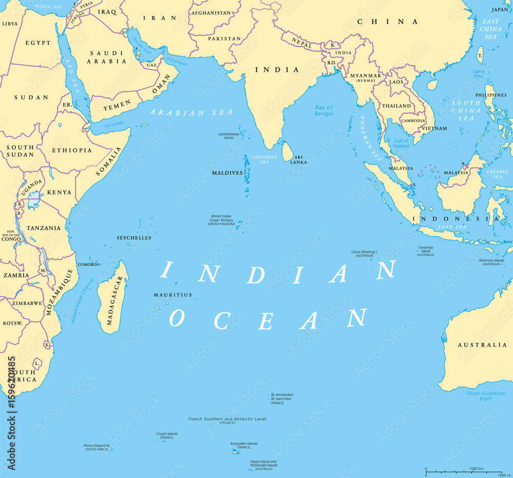 Indian Ocean political map. Countries and borders. World's third ...