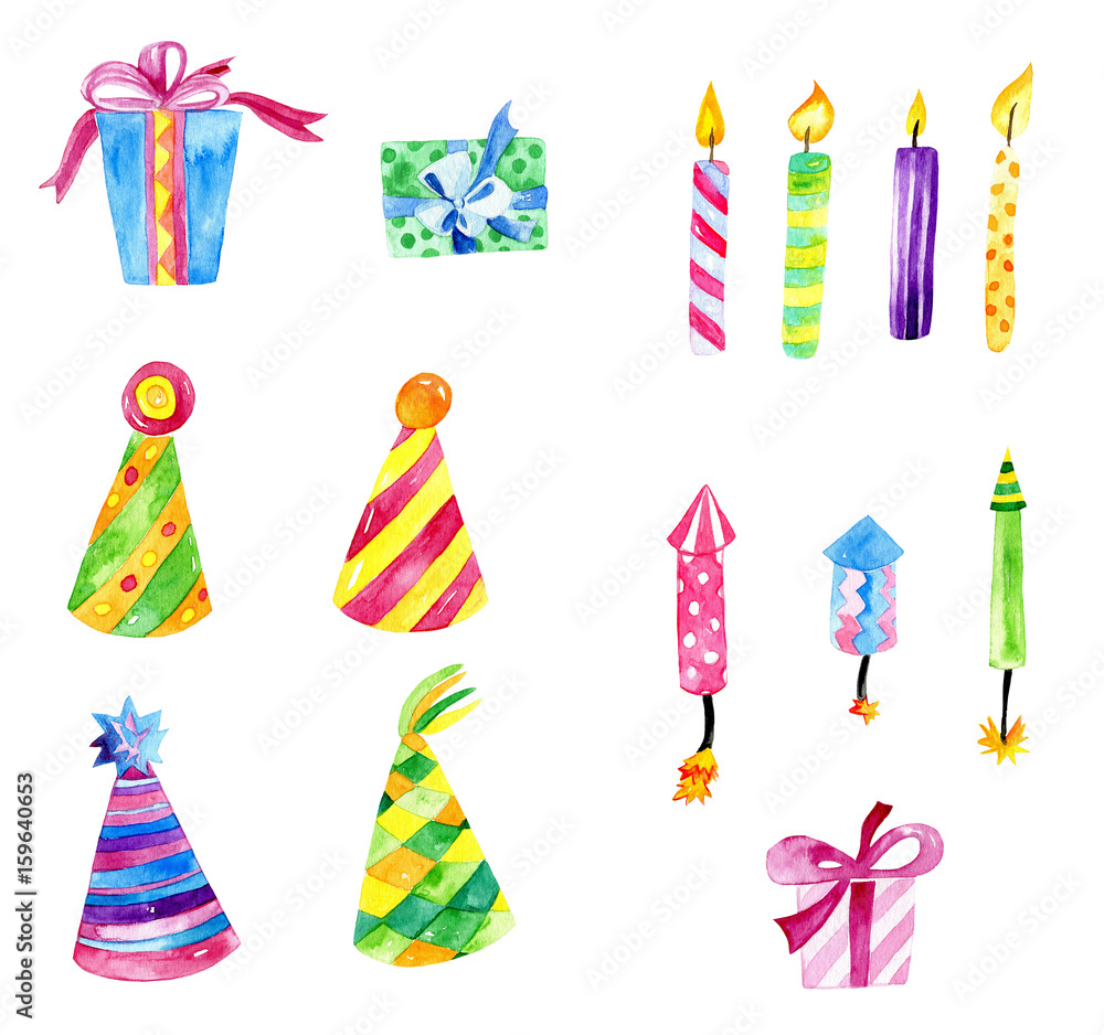 Birthday hand painted watercolor illustration, Birthday set, clip art ...