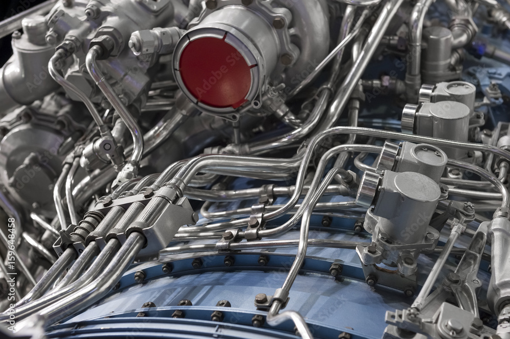 Engine of fighter jet, internal structure with hydraulic, fuel pipes ...