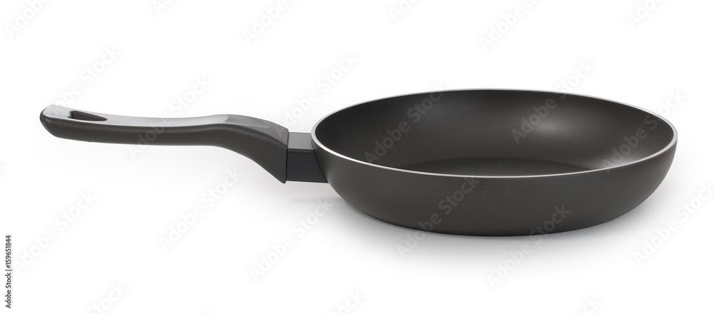 Empty black frying pan, isolated on white background, side view, close ...