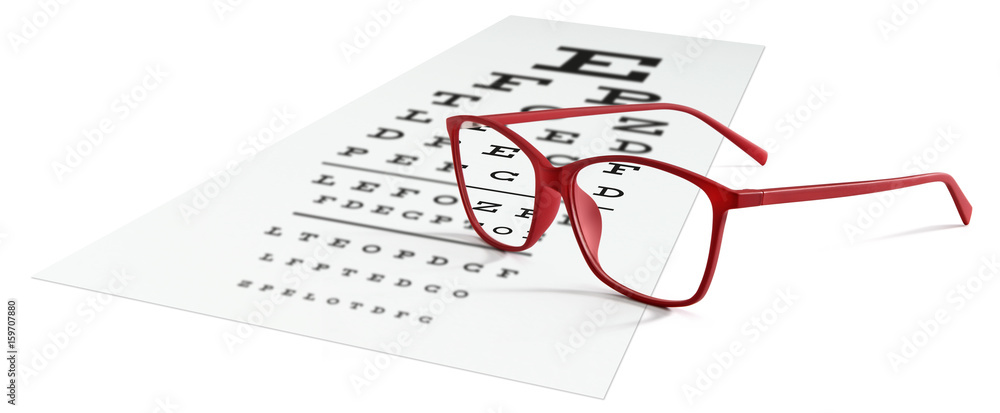 red eyeglasses on visual test chart isolated on white. Eyesight concept ...