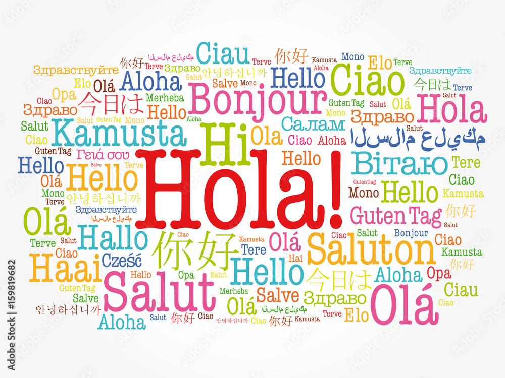 Hola (Hello Greeting in Spanish) word cloud in different languages of ...