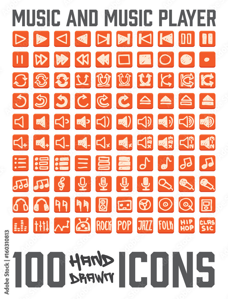 Set of 100 Music themed hand drawn / doodled icons. You can see various ...