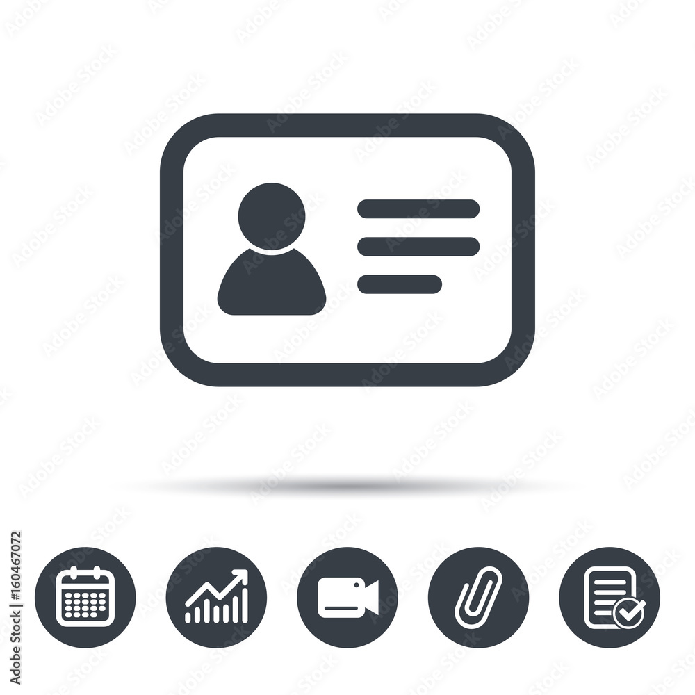 ID card icon. Personal identification document symbol. Calendar, chart ...