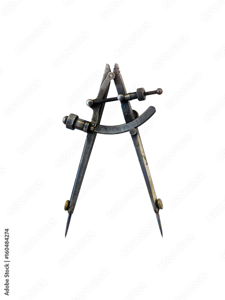 Ancient metal compasses for drawing, isolated on white background. Hand ...