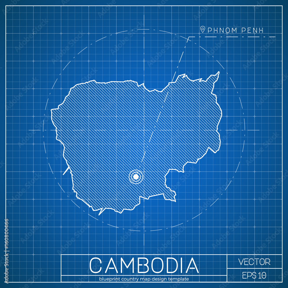 Стоковий вектор Cambodia blueprint map template with capital city. Phnom Penh marked on ...