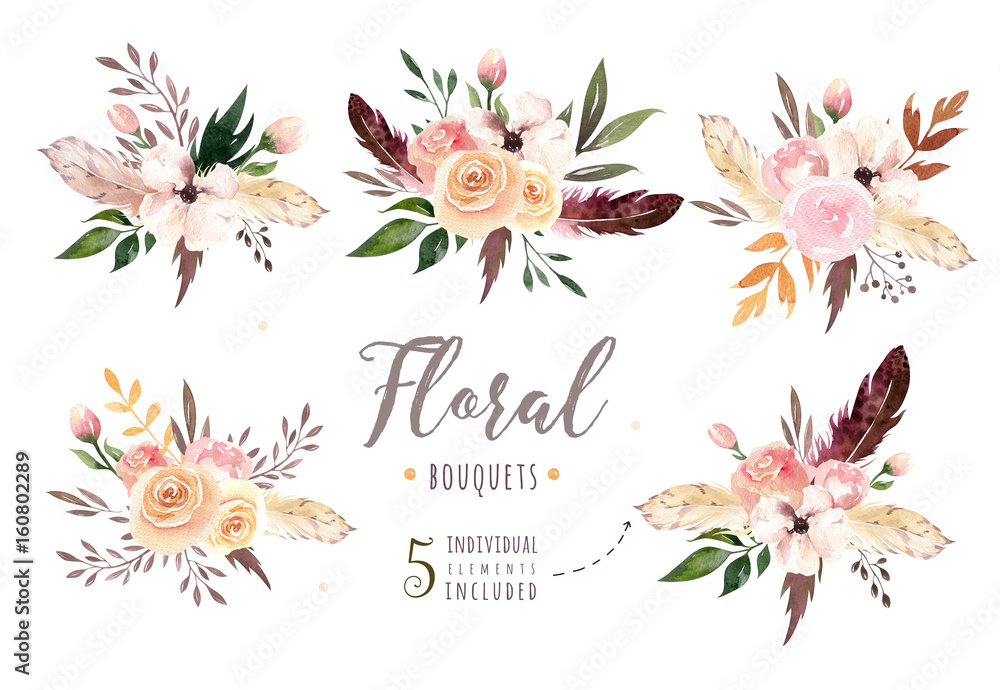 Hand drawing isolated boho watercolor floral illustration with leaves ...