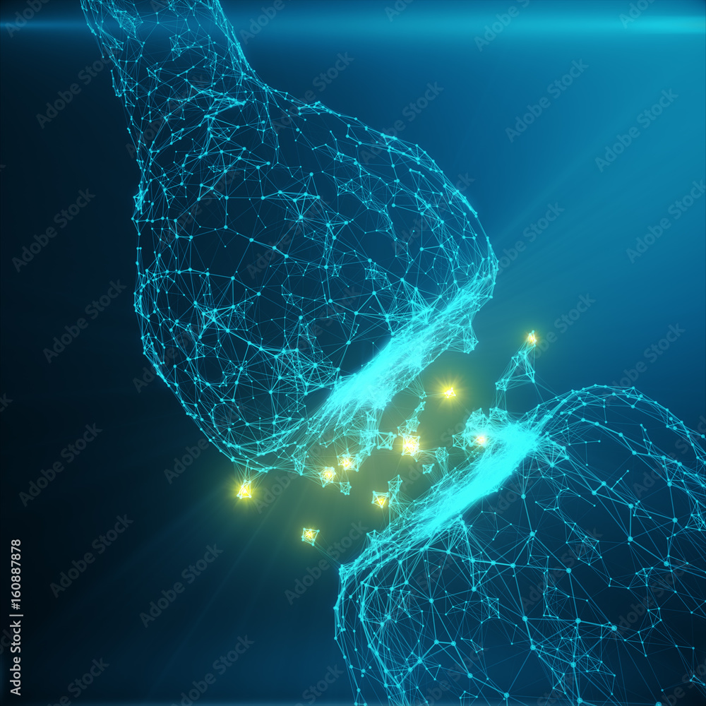 Blue glowing synapse. Artificial neuron in concept of artificial intelligence. Synaptic ...