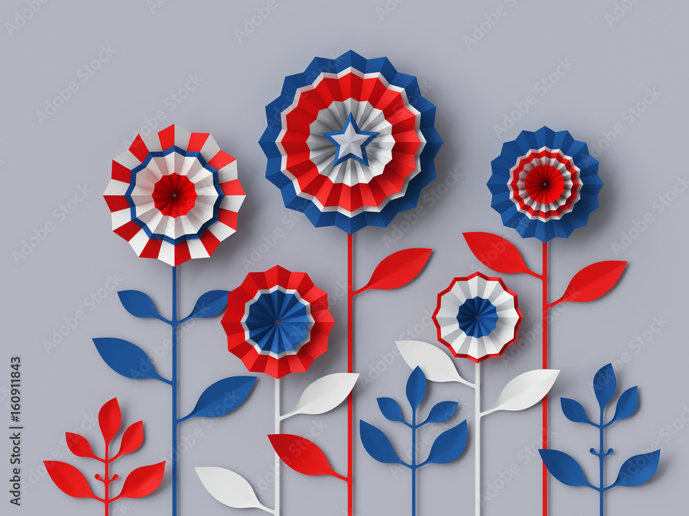 3d render, digital illustration, abstract red blue paper flowers, party ...