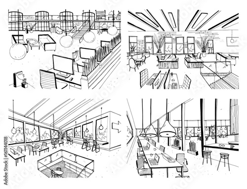 Set of hand drawn coworking. Modern office interiors, open space ...