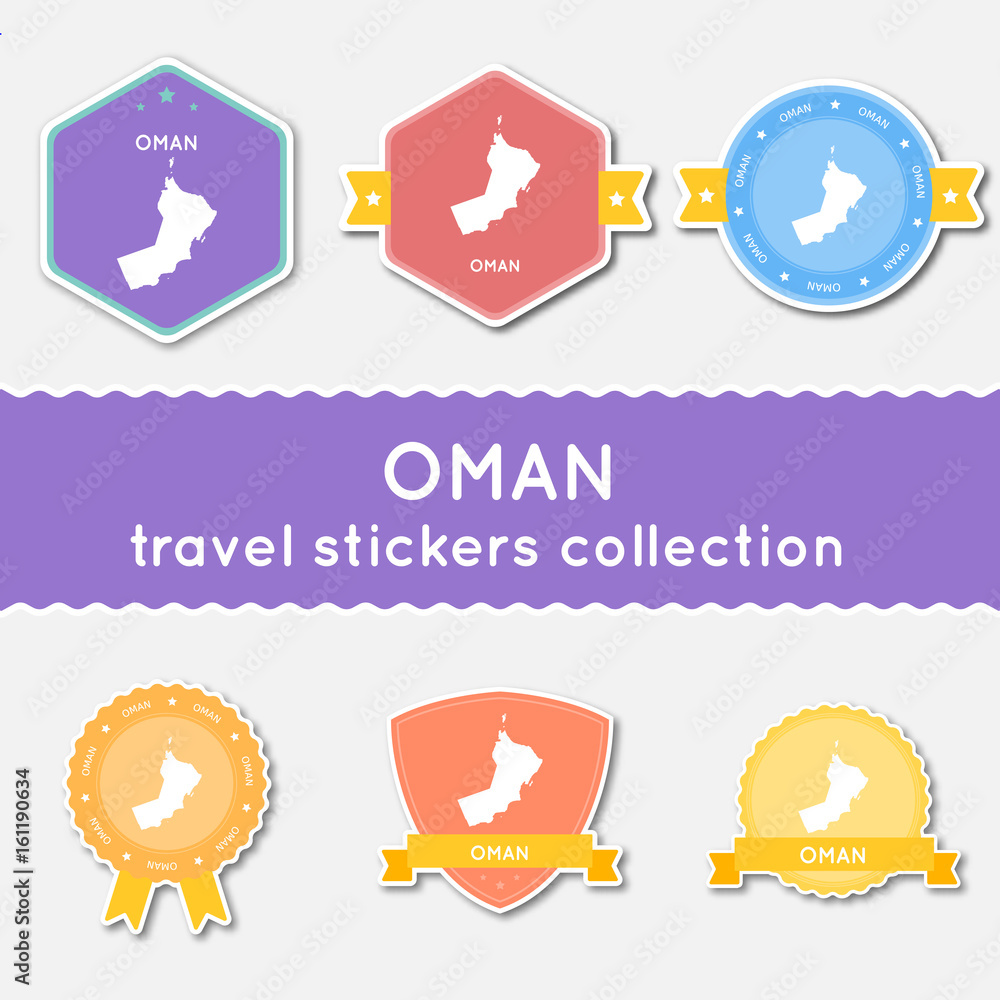Oman travel stickers collection. Big set of stickers with country map ...