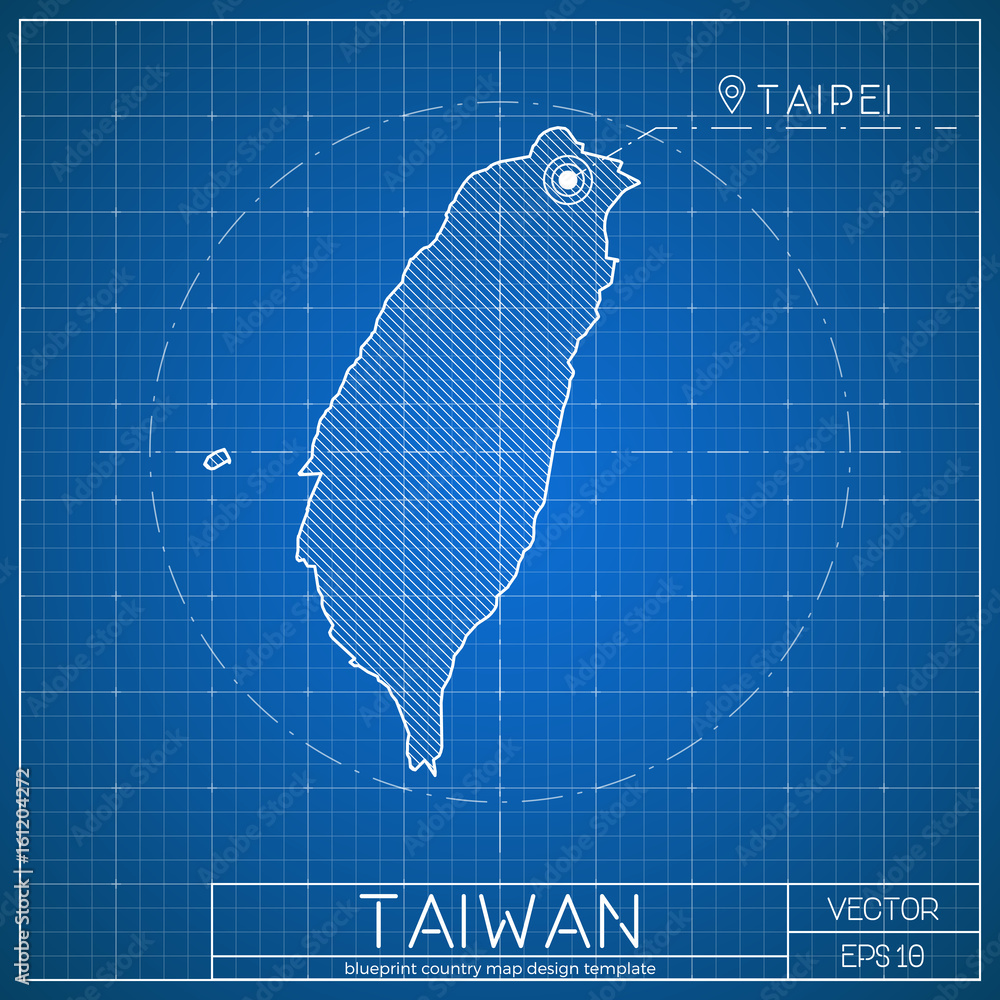 Taiwan blueprint map template with capital city. Taipei marked on ...