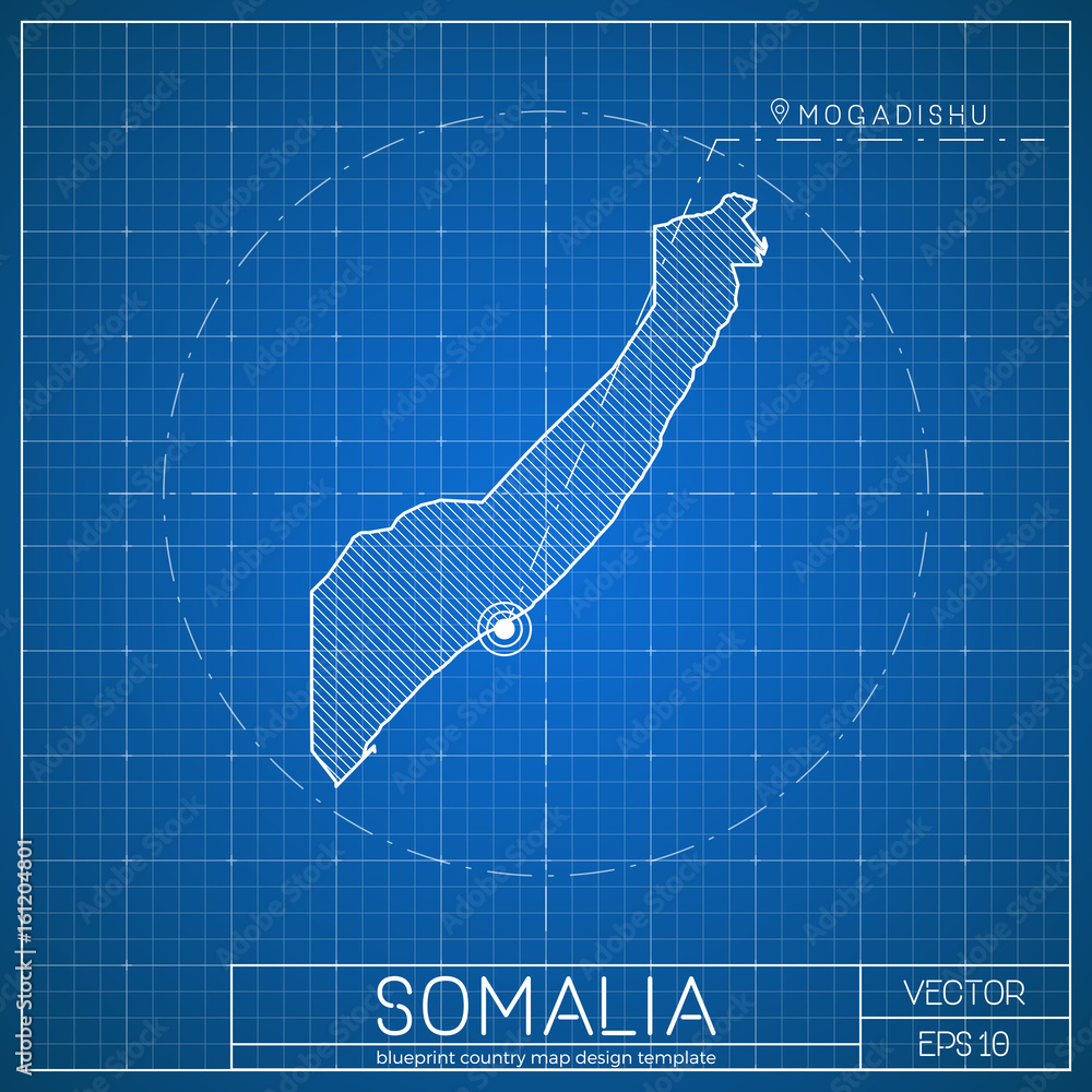 Somalia blueprint map template with capital city. Mogadishu marked on ...