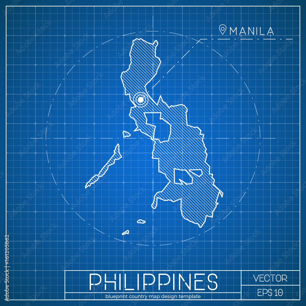 Philippines blueprint map template with capital city. Manila marked on ...