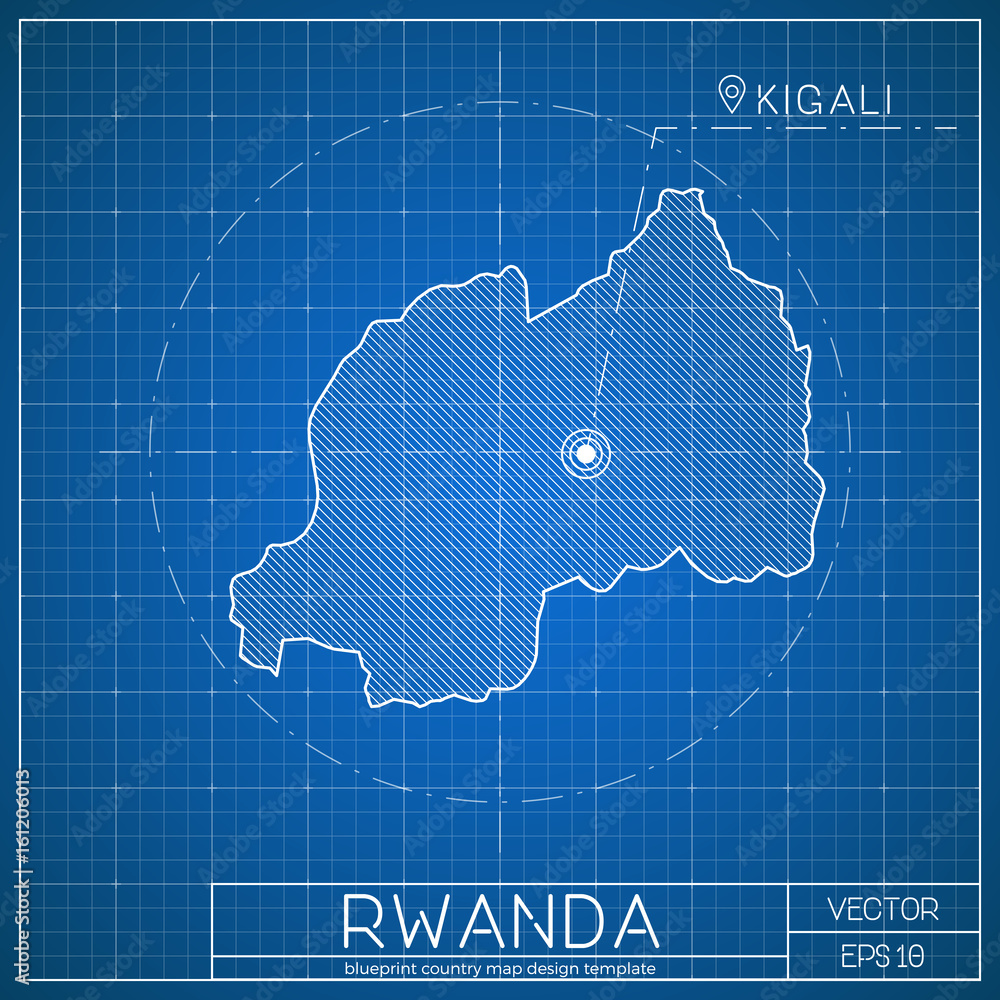 Rwanda blueprint map template with capital city, Kigali marked on ...